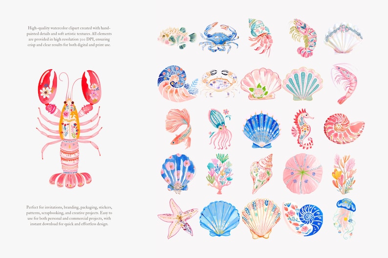 Preppy Coastal Clipart, Nautical Sea Animals Watercolor, Colorful ...