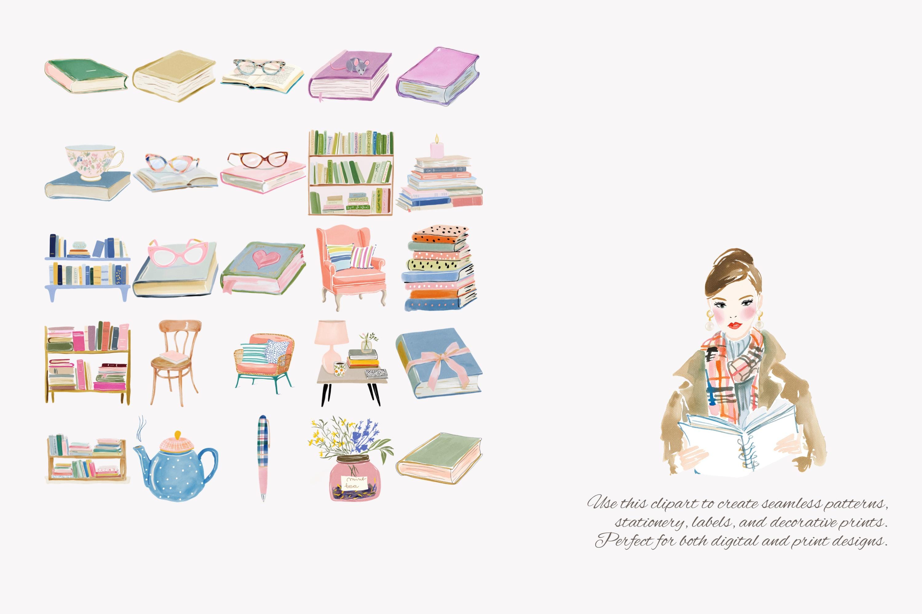 Pink Book Club Watercolor Clipart, Preppy Reading Nook Illustrations ...