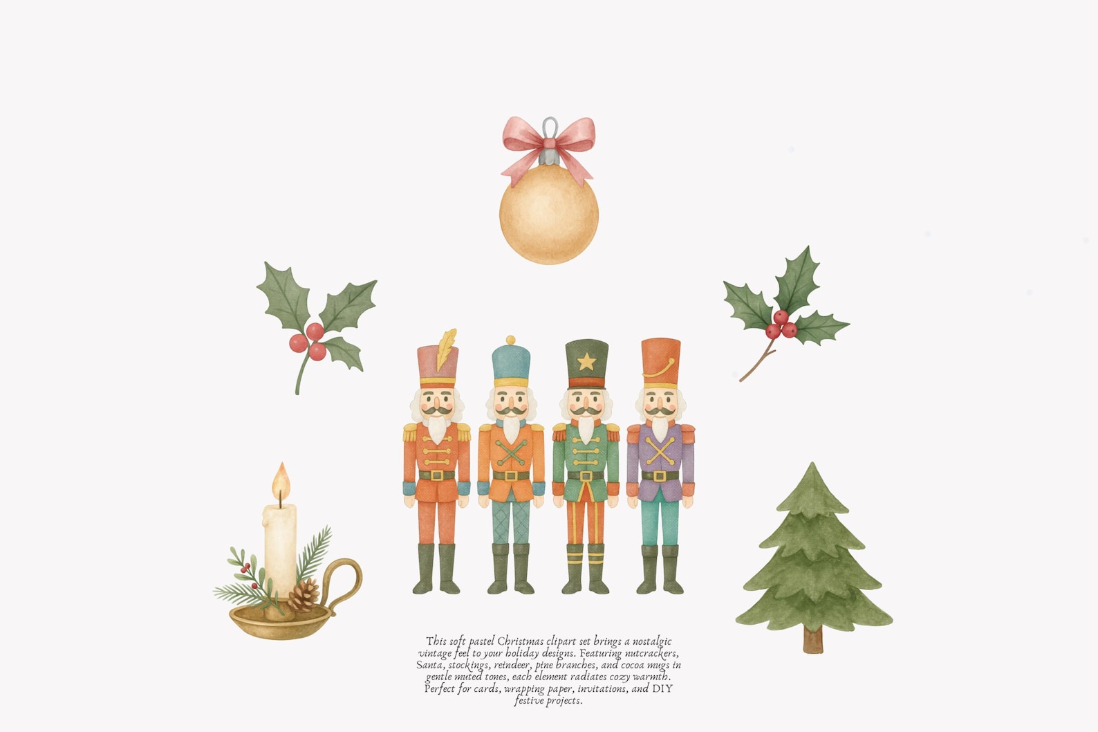 Vintage Pastel Christmas Clipart Set With Nutcracker, Santa, Reindeer ...