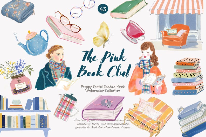 Pink Book Club Watercolor Clipart, Preppy Reading Nook Illustrations ...