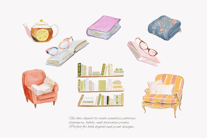 Pink Book Club Watercolor Clipart, Preppy Reading Nook Illustrations ...