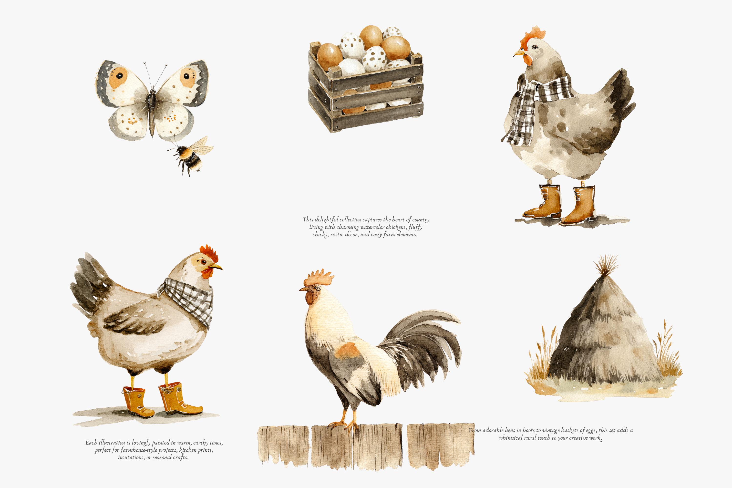 Watercolor Clipart - Farm Animals - Country Chickens - Rustic Hens ...