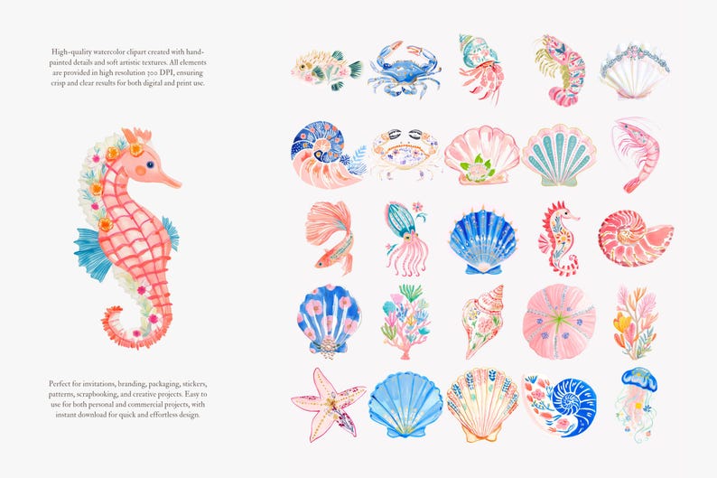 Preppy Coastal Clipart, Nautical Sea Animals Watercolor, Colorful ...