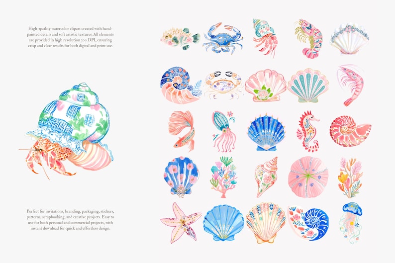 Preppy Coastal Clipart, Nautical Sea Animals Watercolor, Colorful ...