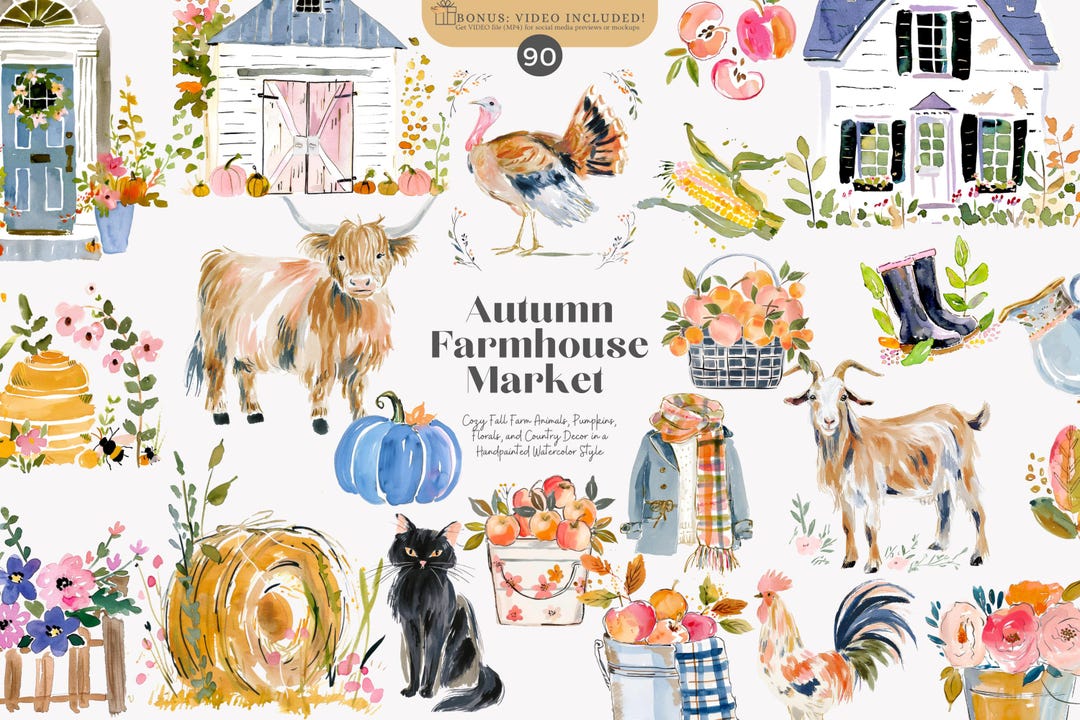 Watercolor Clipart – Fall Harvest – Farm Animals – Cozy Farmhouse ...