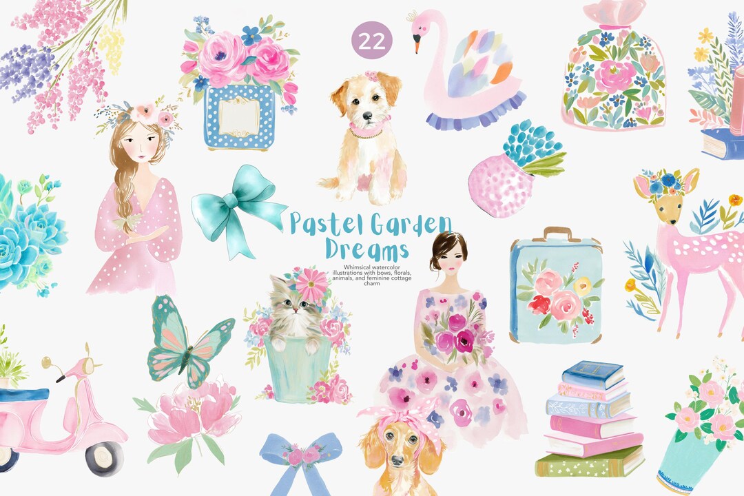 Pastel Clipart Bundle, Girly Watercolor Illustrations, Bow Aesthetic ...