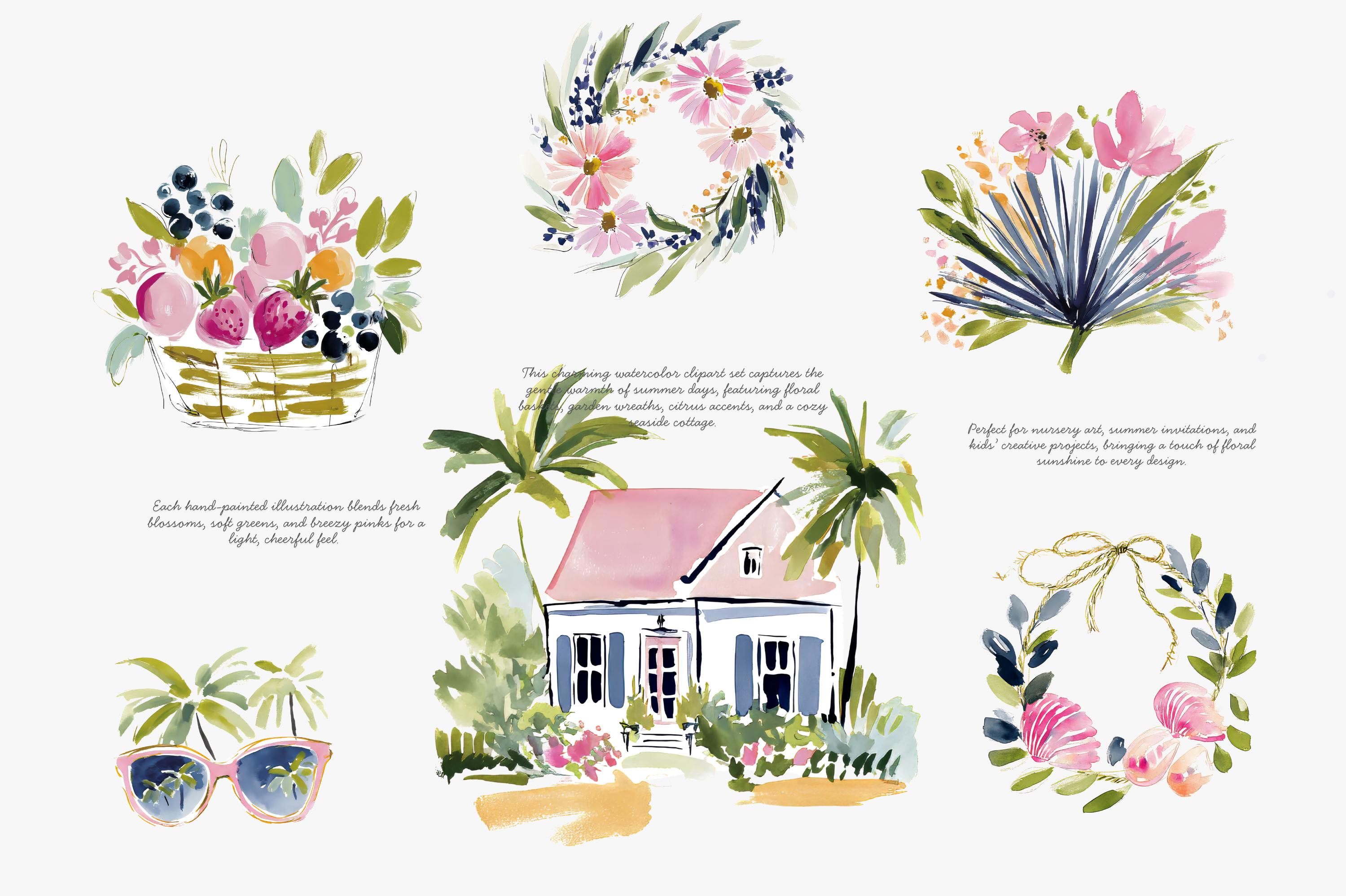 Summer Floral Cottage Watercolor Clipart, Coastal Garden Clipart, Pink ...