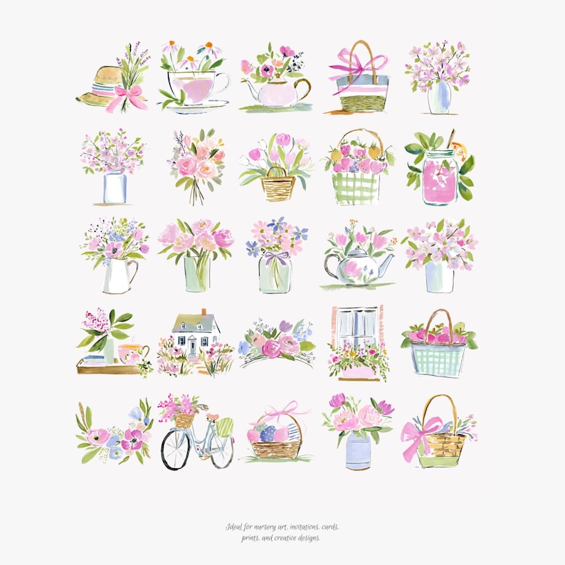 Spring Bloom Watercolor Clipart Set, Floral Basket Clipart, Pastel ...
