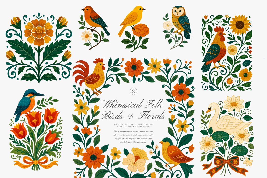 Folk Clipart, Png Illustration, Folk Birds, Floral Clipart, Bird ...