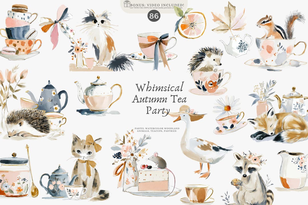Watercolor Clipart, Png Illustration, Woodland Animals, Tea Party ...