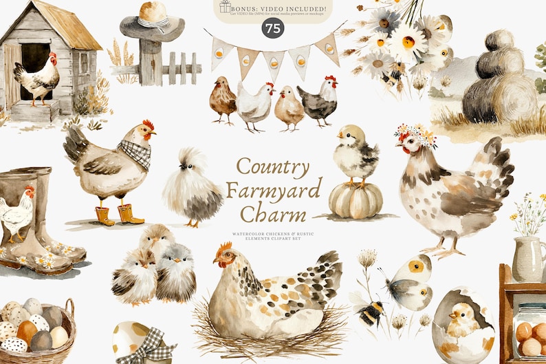 Watercolor Clipart - Farm Animals - Country Chickens - Rustic Hens ...