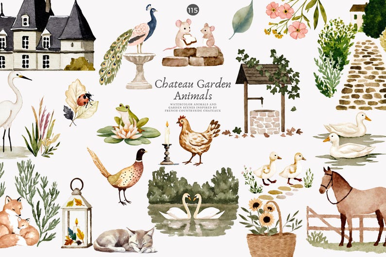 Watercolor Animals - Garden Illustration - Cottagecore Clipart - French ...