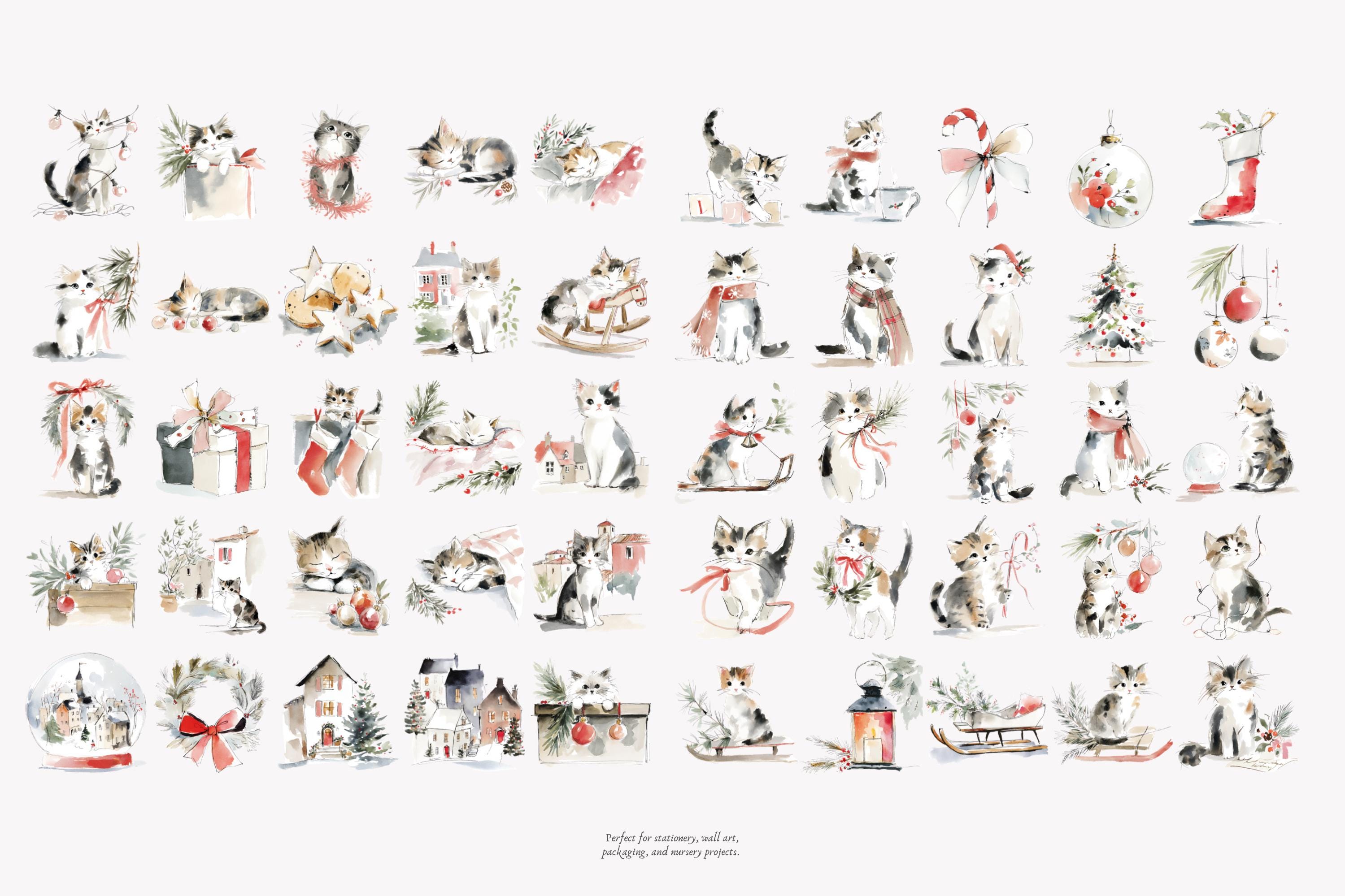 Watercolor Christmas Kitten Clipart Set, Cozy Holiday Cats, Festive ...