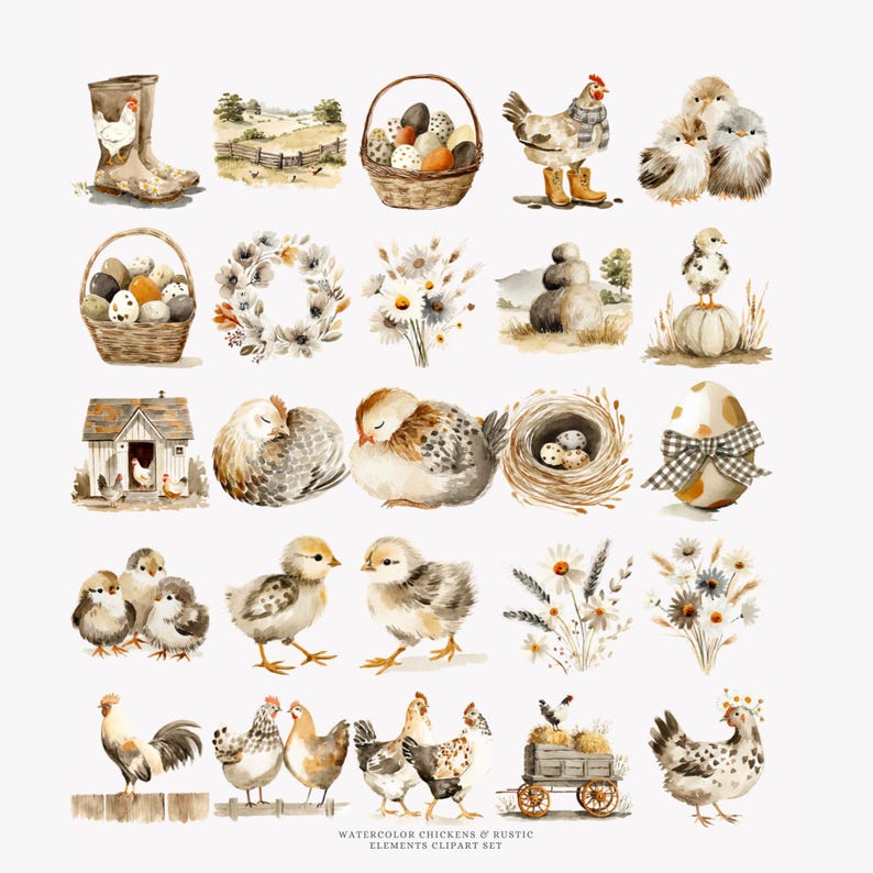 Watercolor Clipart - Farm Animals - Country Chickens - Rustic Hens ...
