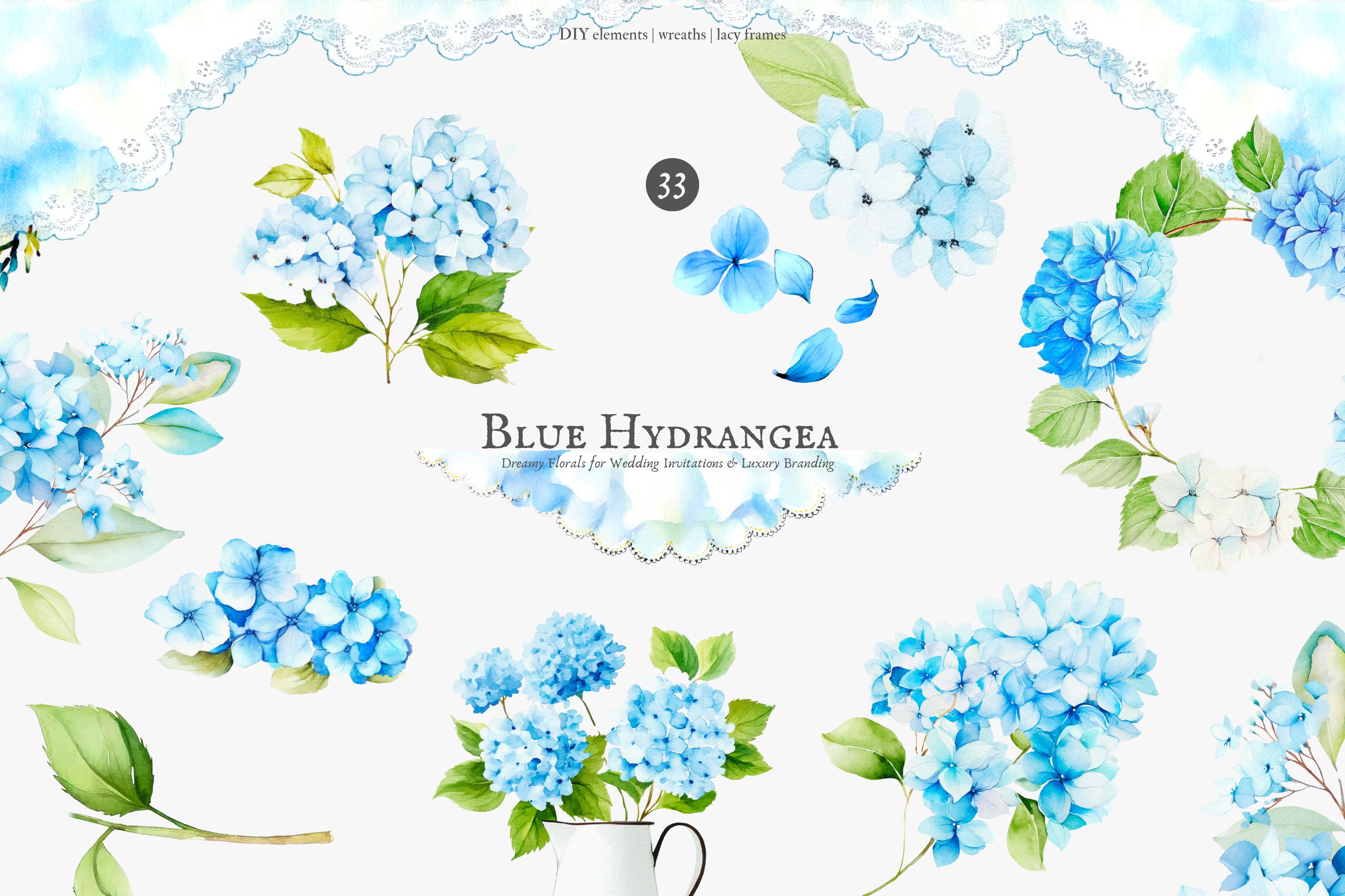 Watercolor Blue Preppy Chinoiserie Clipart Collection - Blue Hydrangea ...