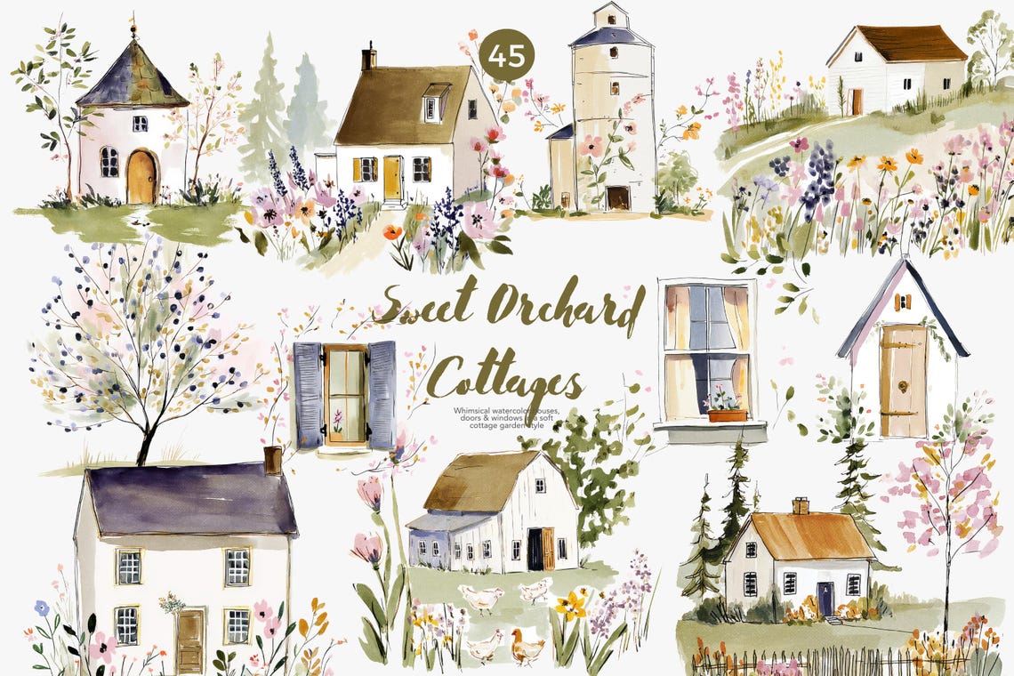 Sweet Orchard Cottages Watercolor Clipart, Whimsical Cottage Houses ...