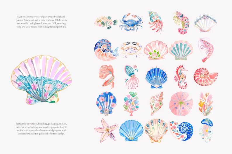 Preppy Coastal Clipart, Nautical Sea Animals Watercolor, Colorful ...