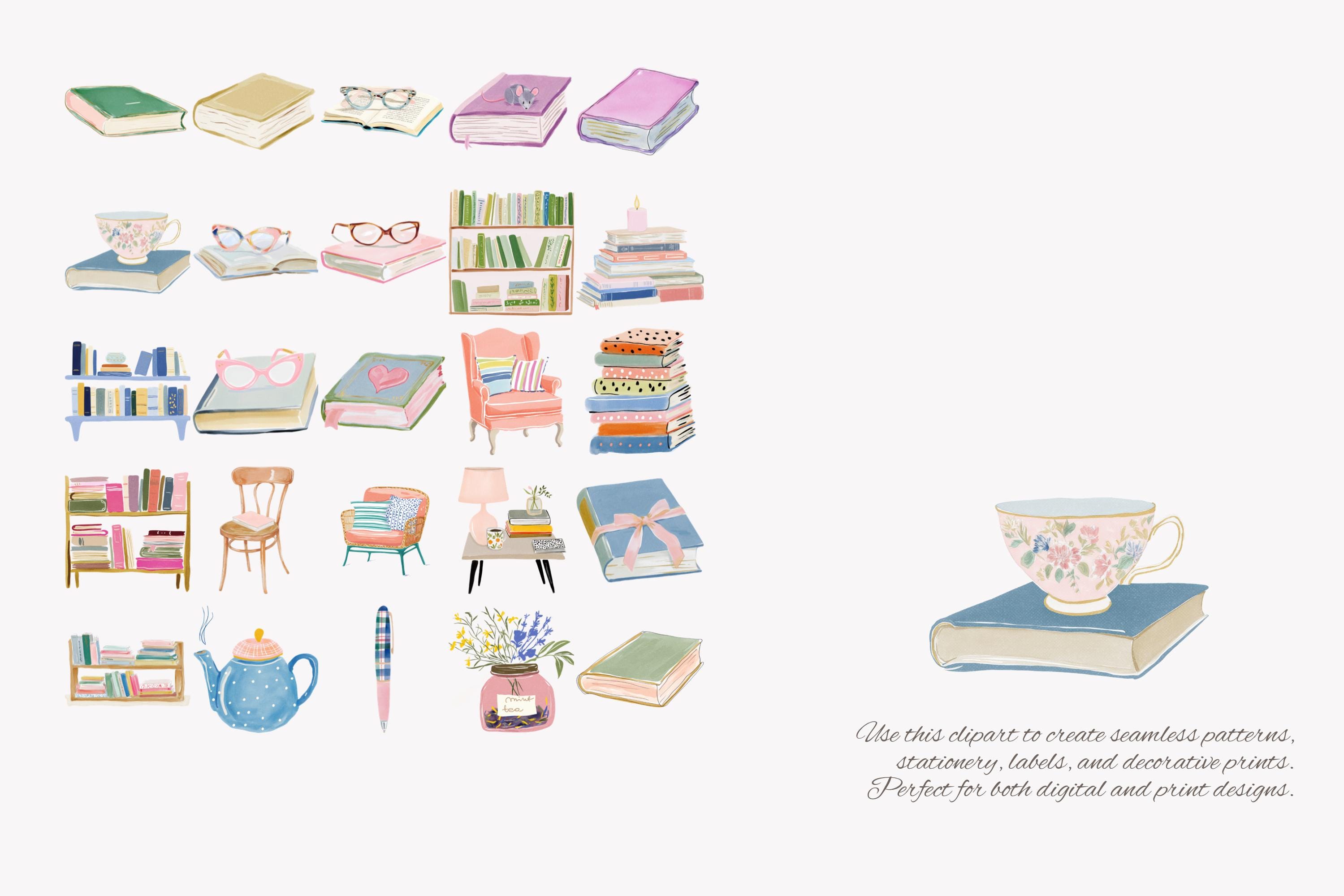 Pink Book Club Watercolor Clipart, Preppy Reading Nook Illustrations ...
