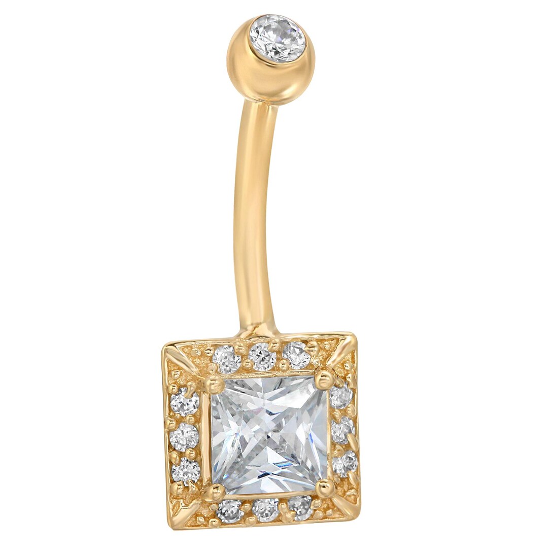 14k Solid Gold Square CZ Belly Ring - Etsy