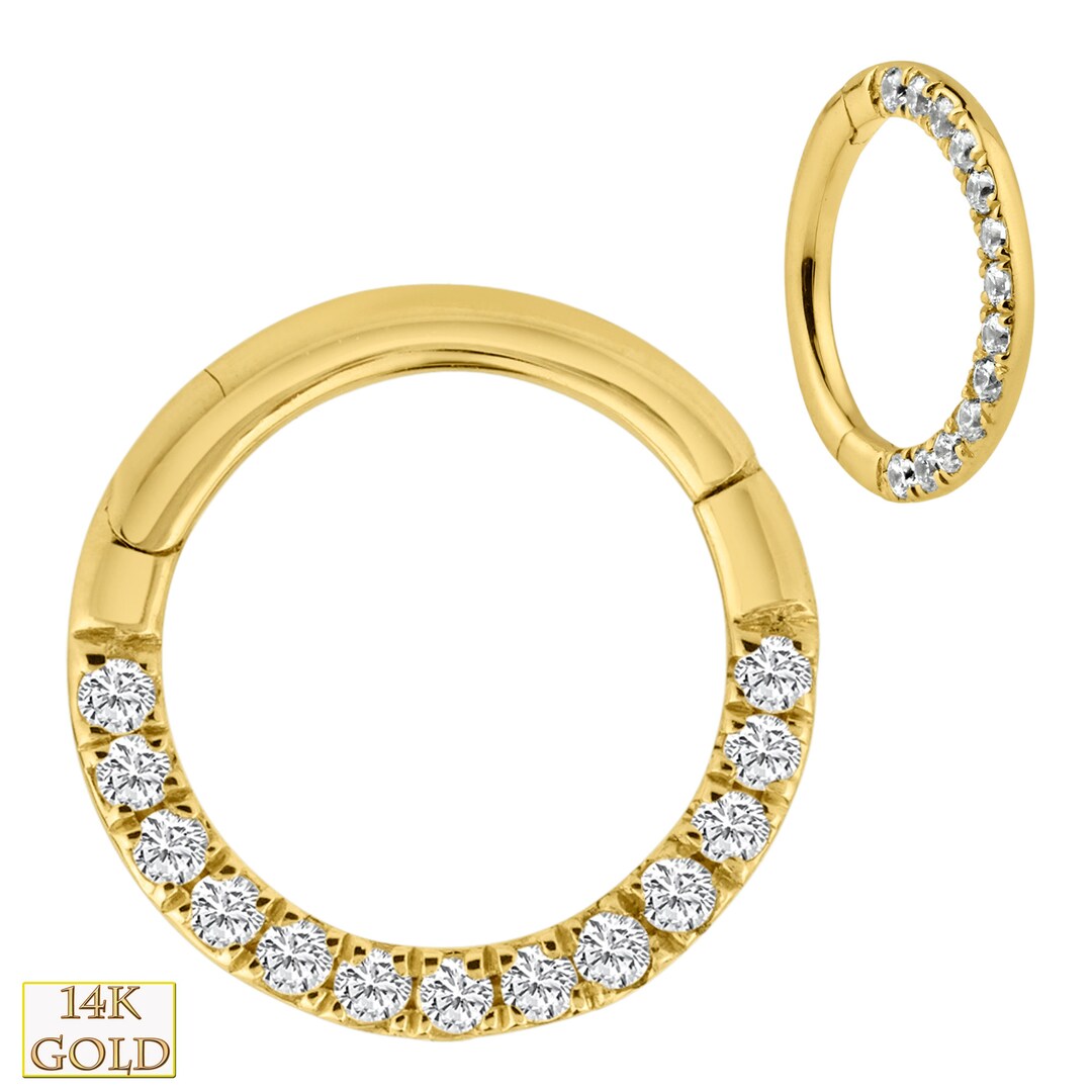 14K Yellow Gold Hinged Hoops With Multi Zircon | Nose Ring | Lip ...