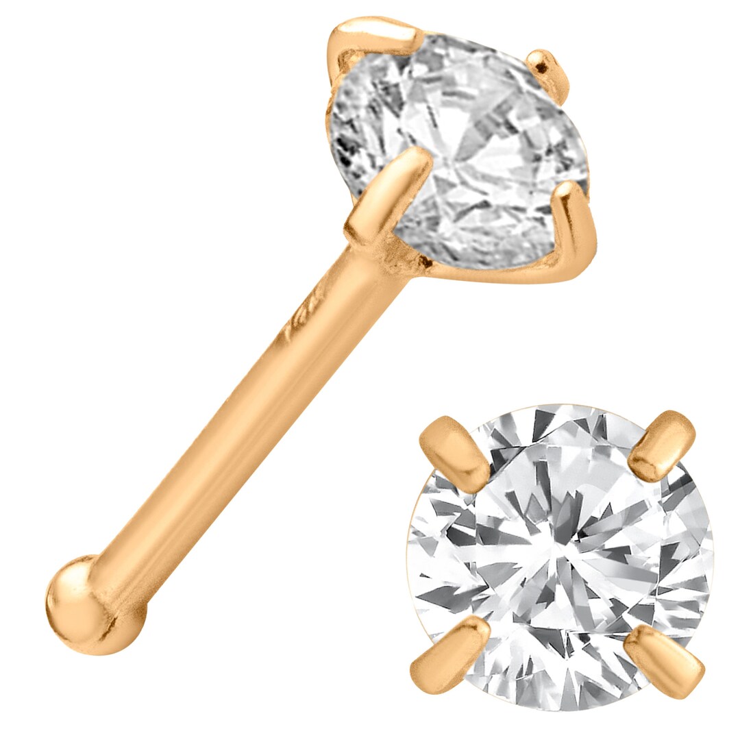 14k Solid Yellow Gold Prong Setting Round CZ Nose Bone | Nose Piercing ...