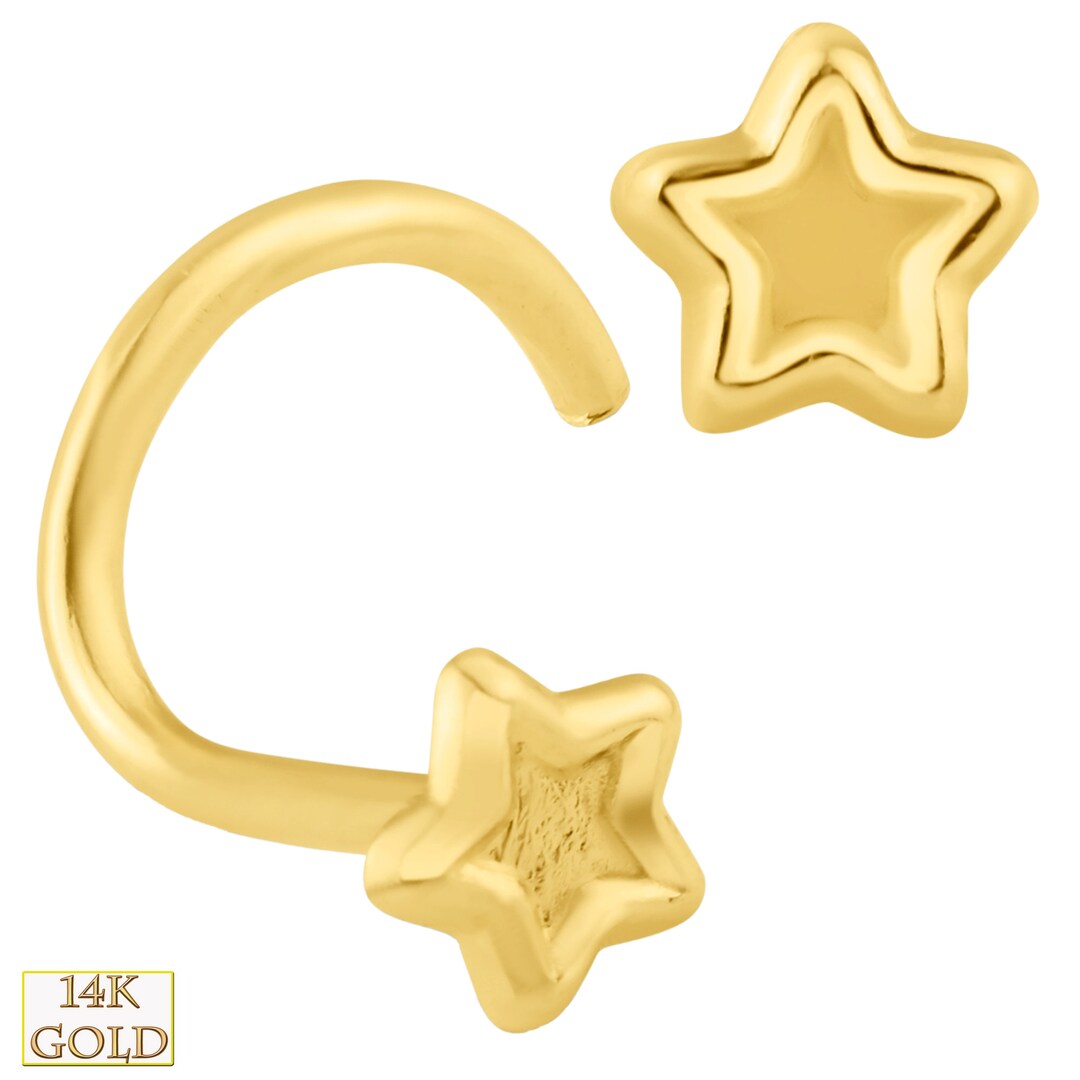 14k Solid Yellow Gold 2.5mm Beveled Star Stud Design 7mm Length Nose ...