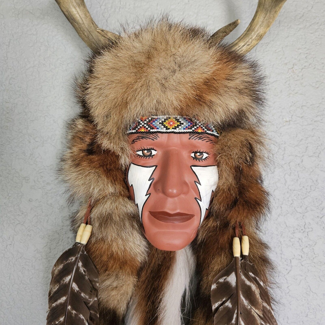 Native American Indian Spirit Mask Face Wall Hanging Real Fur Feathers ...