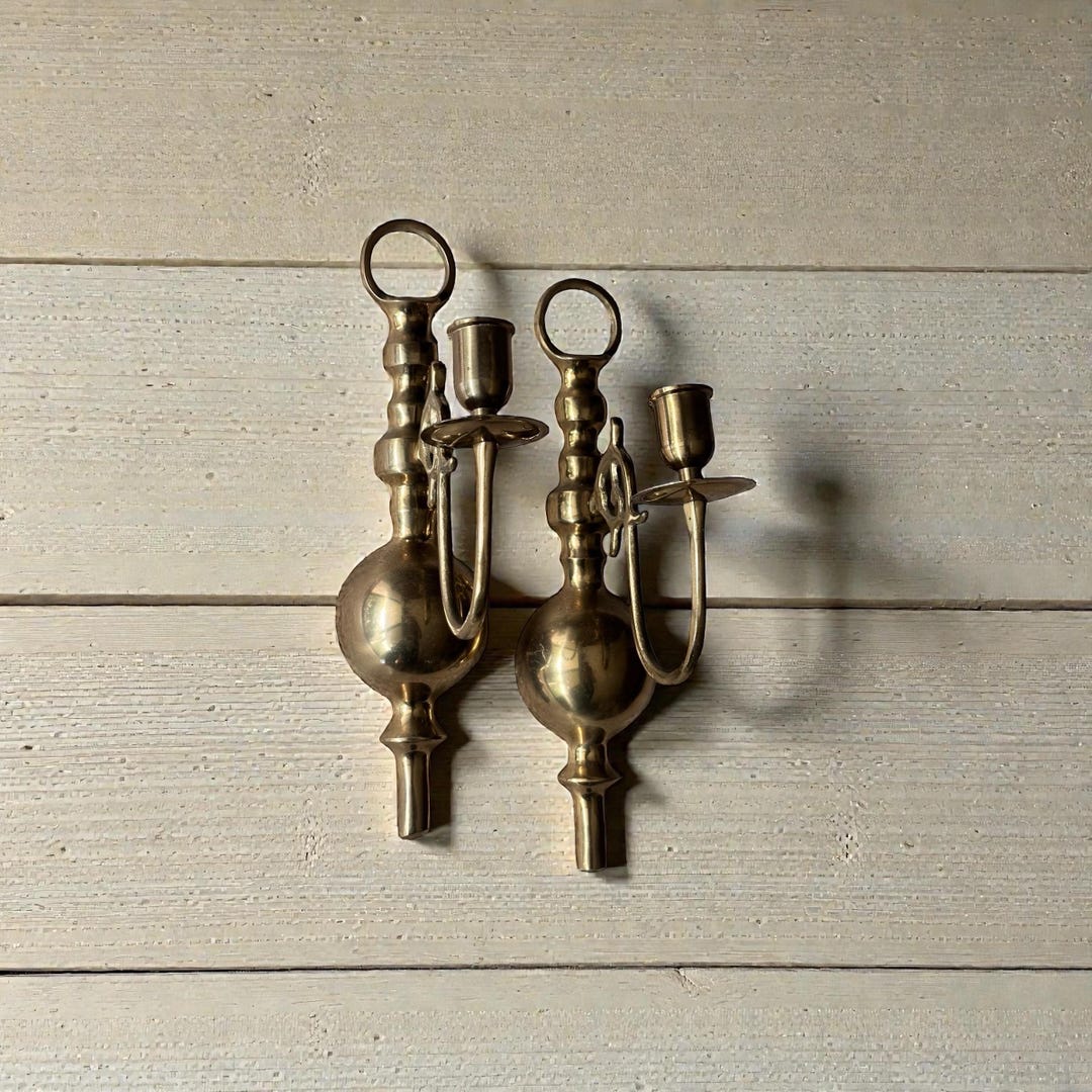 Vintage Solid Brass Wall Sconces - Colonial Revival Candle Holders, Set ...