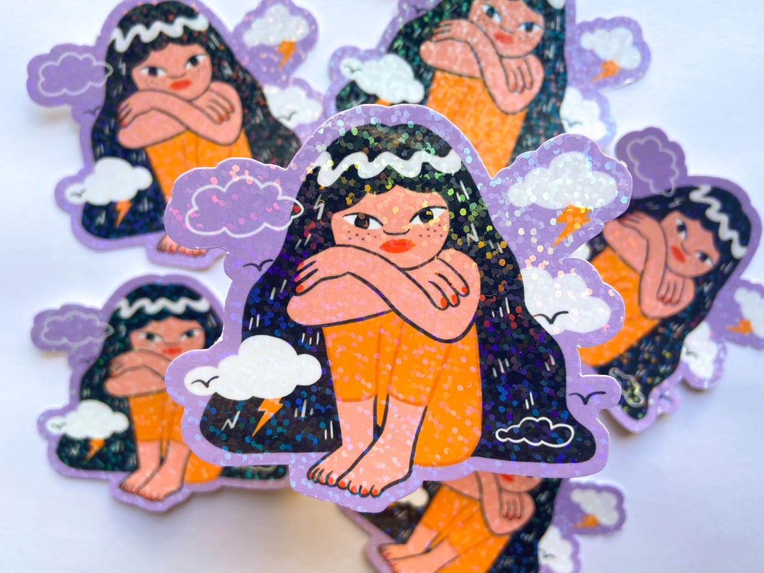 Sad Mountain Girl Holographic Vinyl Sticker / Cute Illustrated Die-cut ...