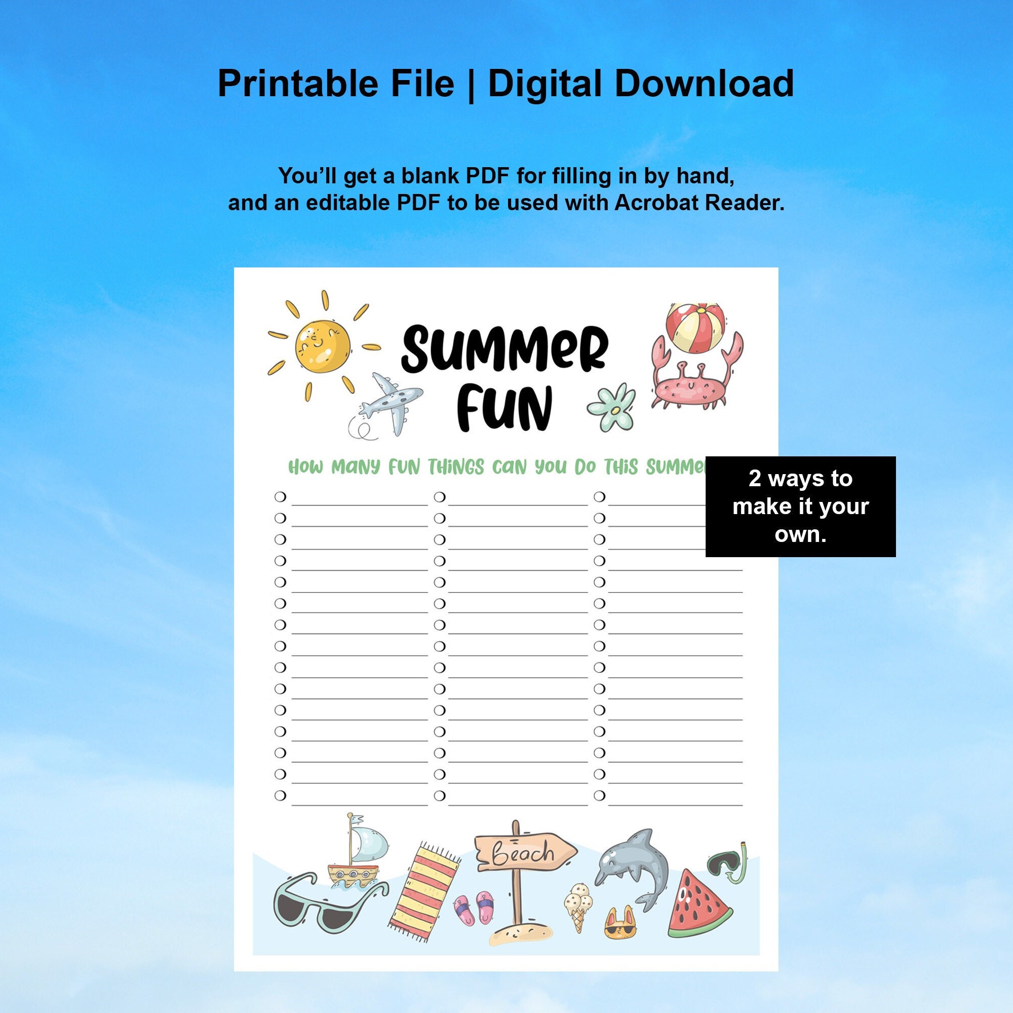 Summer Bucket List Printable, Summer Activities Checklist, Summer Fun ...