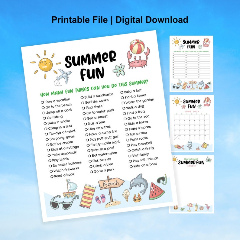 Summer Bucket List Printable, Summer Activities Checklist, Summer Fun ...