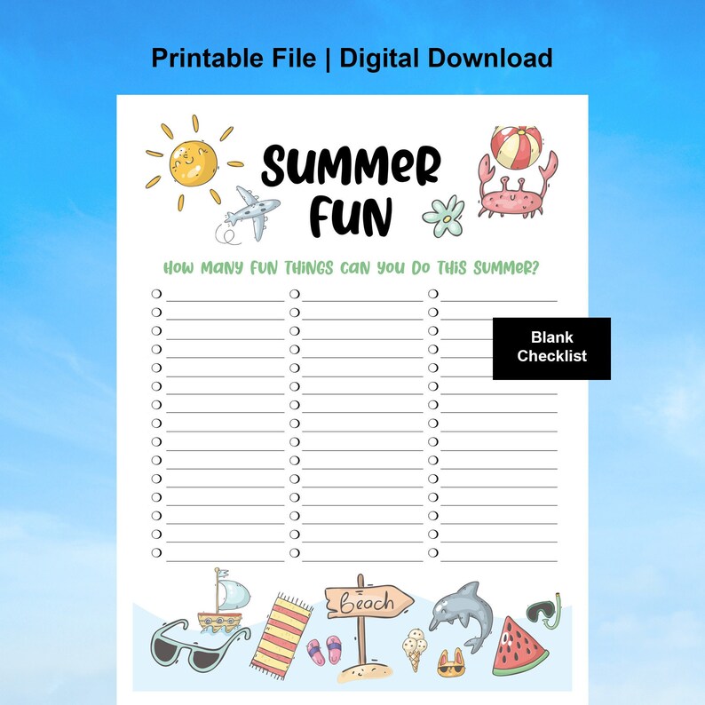Summer Bucket List Printable, Summer Activities Checklist, Summer Fun ...