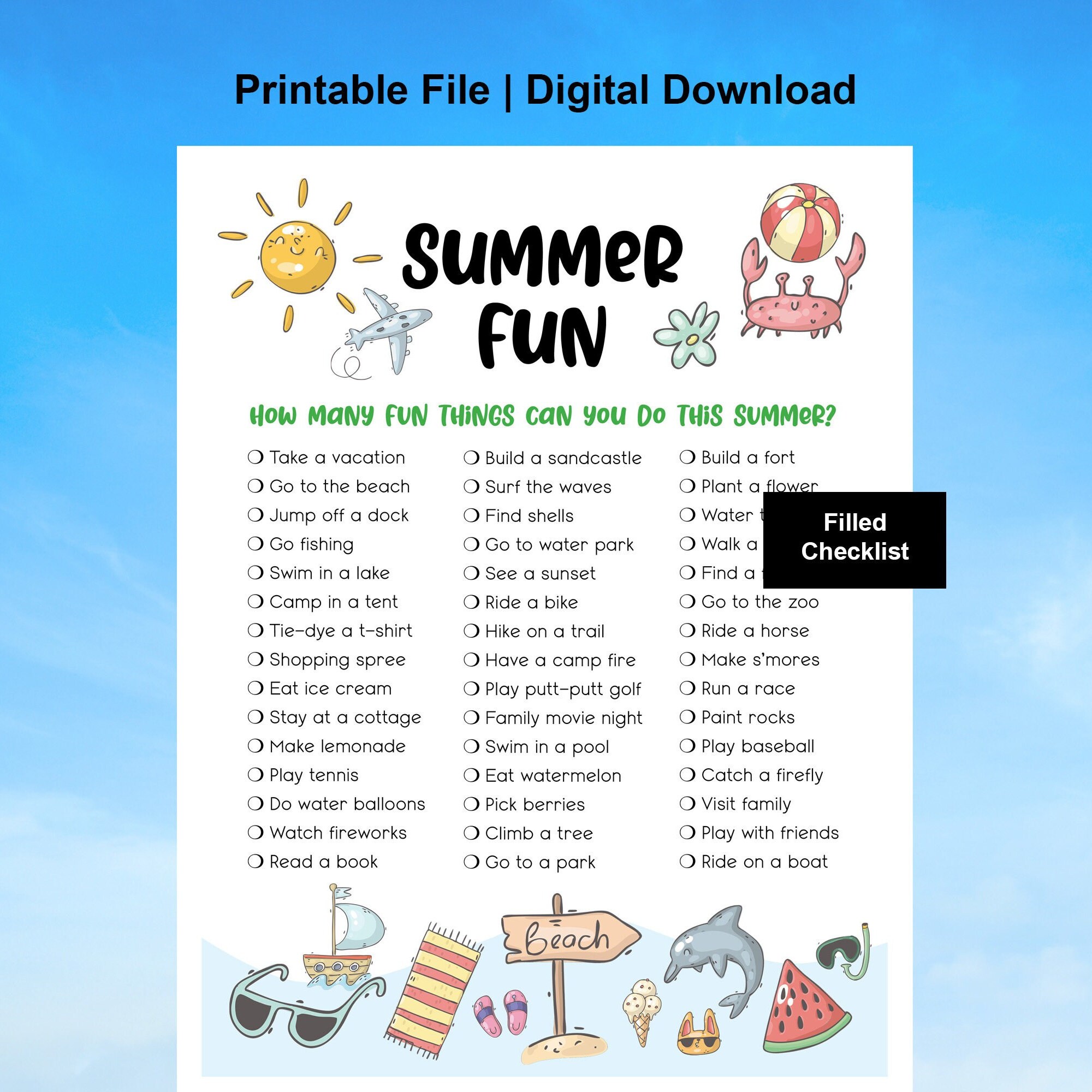 Summer Bucket List Printable, Summer Activities Checklist, Summer Fun ...