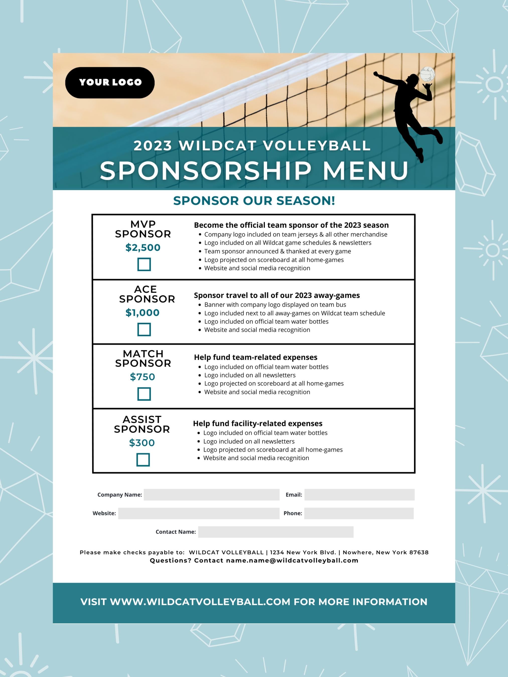 Volleyball Sponsor Form, Canva Templates, Editable Sponsorship Levels ...