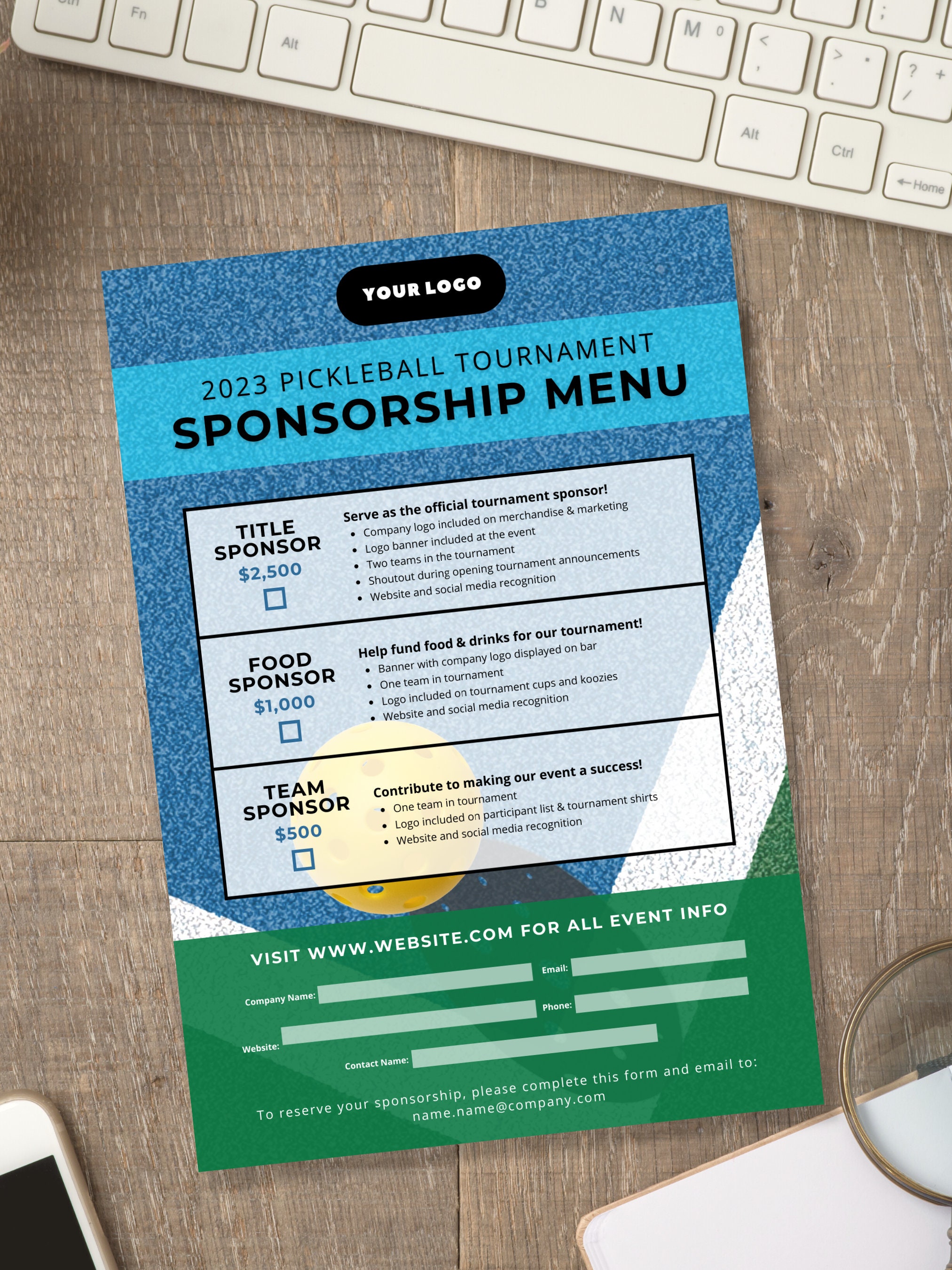 Pickleball Sponsorship Form, Canva Template, Editable Fundraiser Event ...