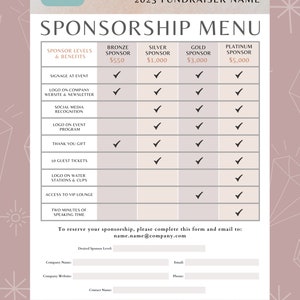 Fundraiser Sponsorship Menu Template, Canva Templates, Editable Event ...