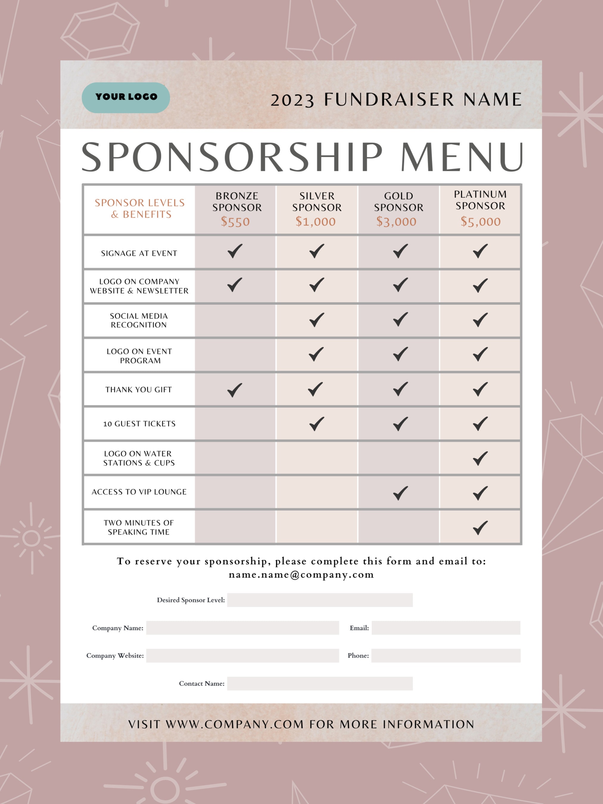 Fundraiser Sponsorship Menu Template, Canva Templates, Editable Event ...