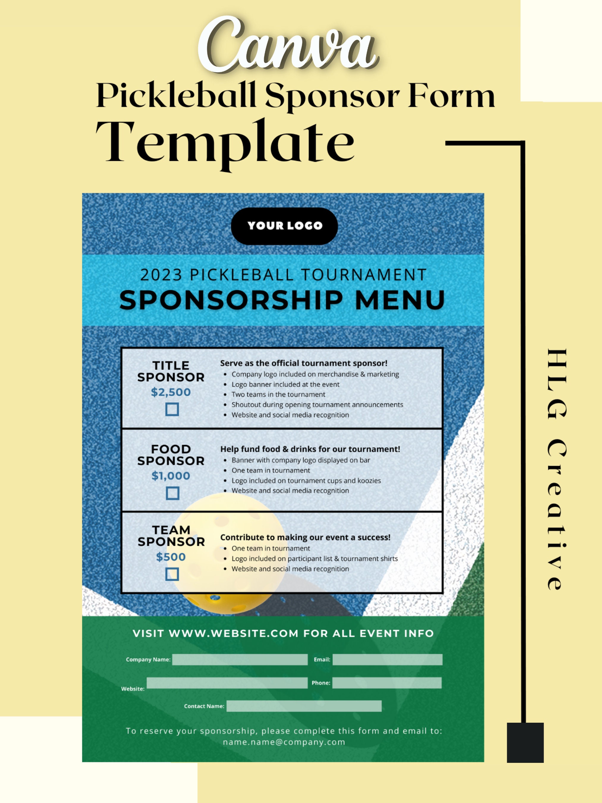 Pickleball Sponsorship Form, Canva Template, Editable Fundraiser Event ...