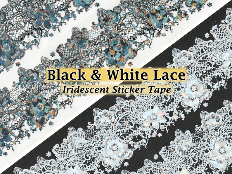 Black & White Lace Sticker Tape (PET Crystal Iridescent) for Scrapbooks ...