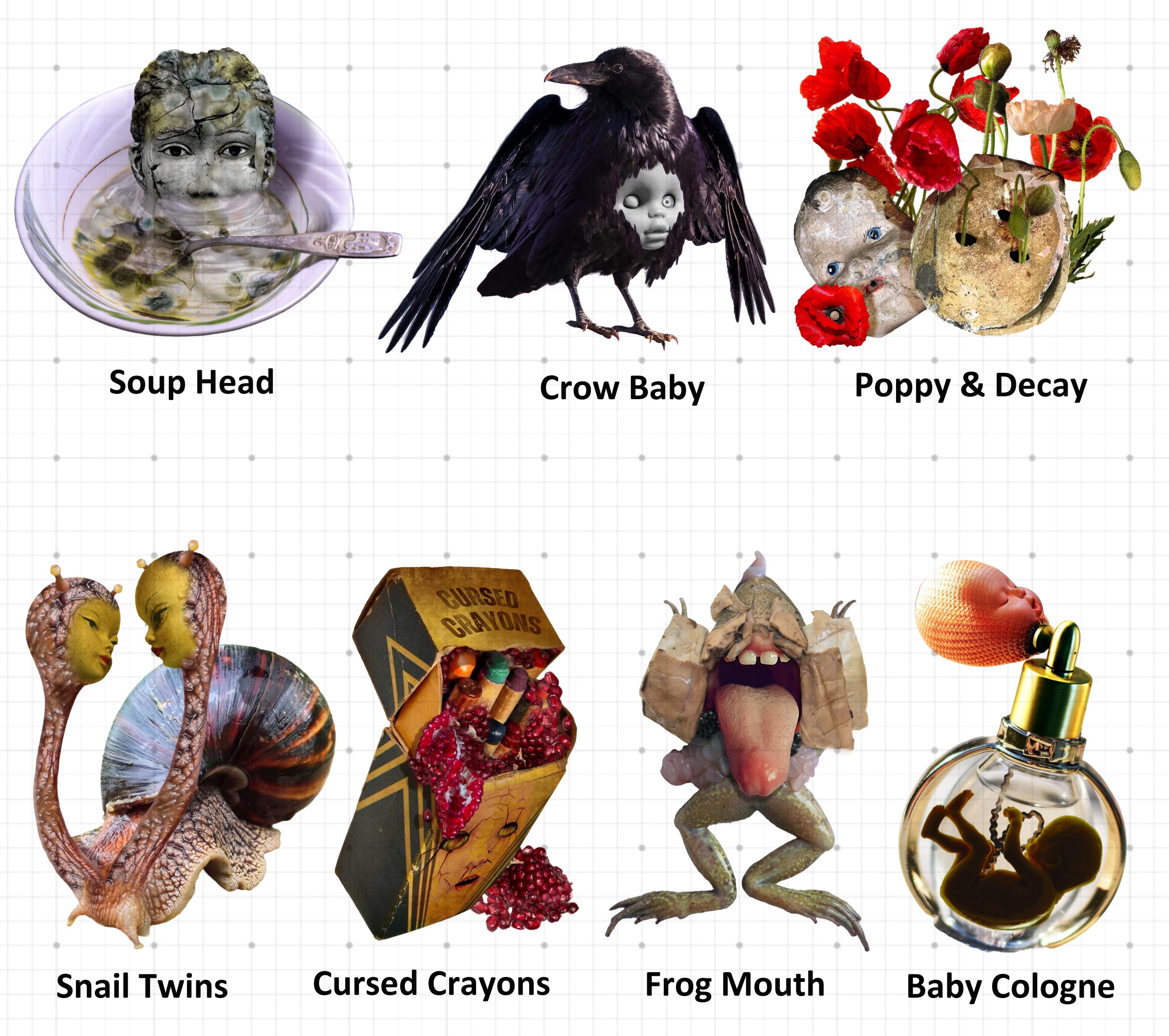 14 Surreal Stickers Weird Vinyl Horror, Bizarre Bodies, Animal, Plants ...