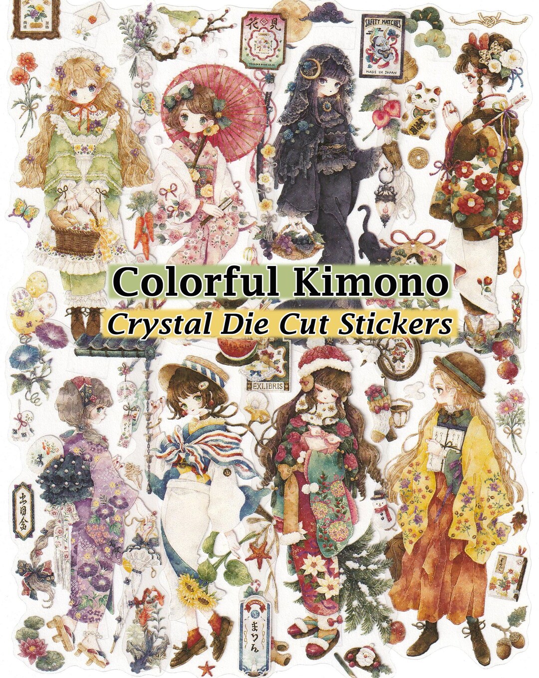 Colorful Kimono Girls Stickers Clear Die-cut DIY Decal Deco Scrapbook ...