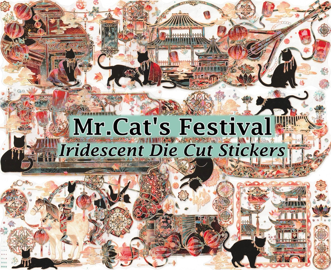 Festival Cat Stickers Clear Iridescent Die-cut DIY Decal Deco Scrapbook ...