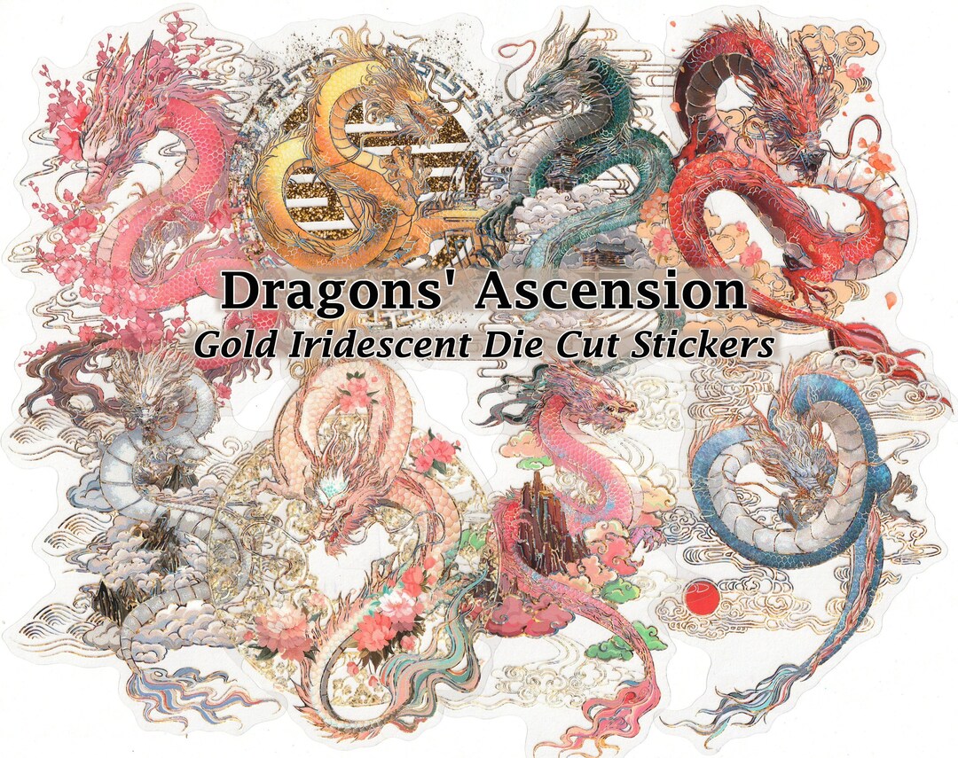 Chinese Dragon Stickers Gold Iridescent Clear Die Cut Gold Detail Diy