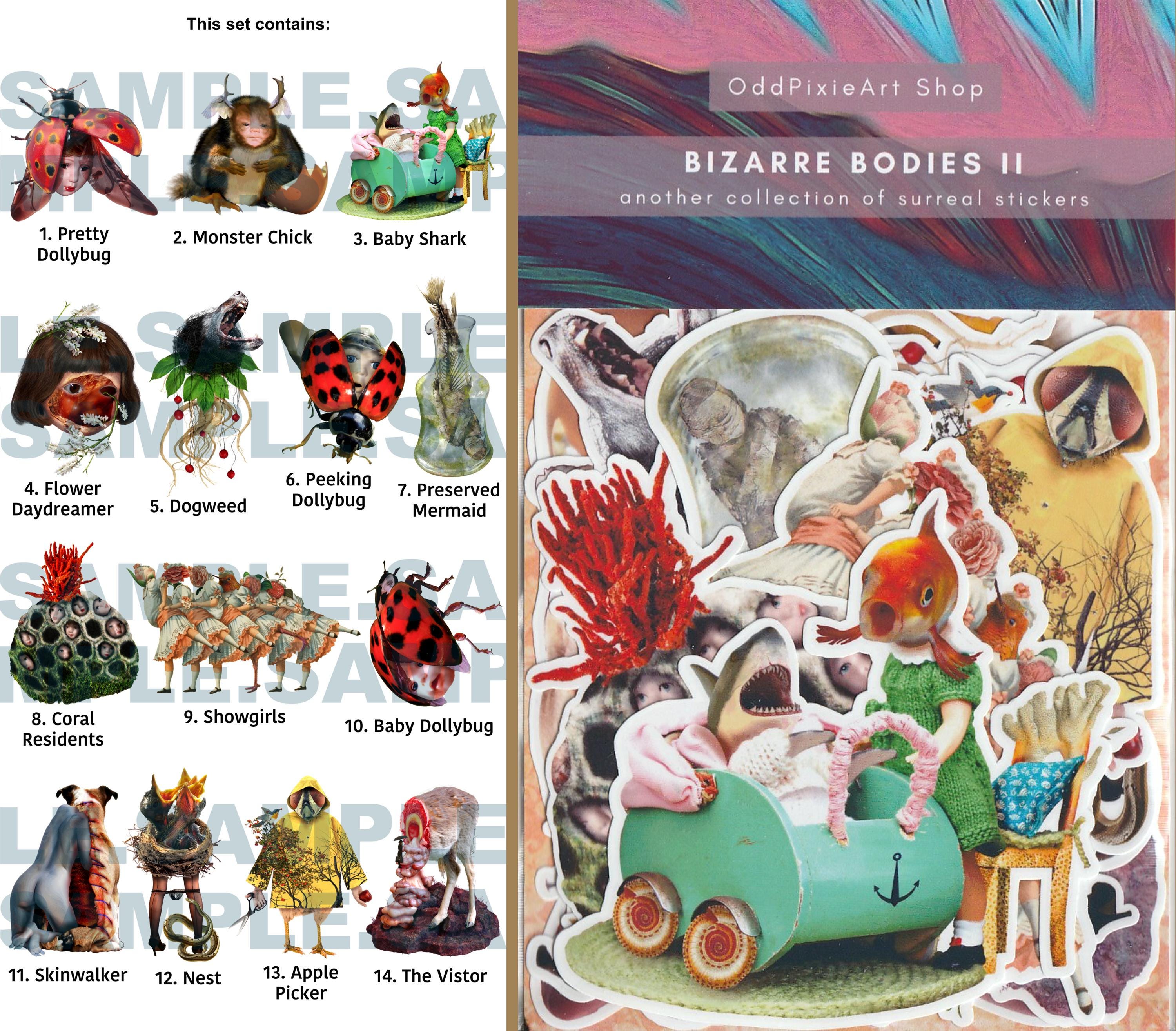 14 Surreal Stickers Weird Vinyl Horror, Bizarre Bodies, Animal, Plants ...