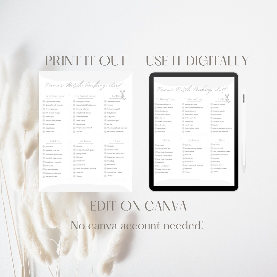 Birth Packing List Printable Digital Hospital Bag Checklist Fillable ...