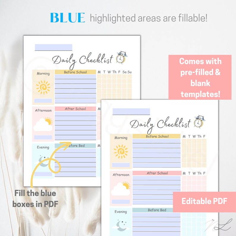 Kids Daily Checklist Kids Editable PDF Weekly Checklist Chore Chart for ...