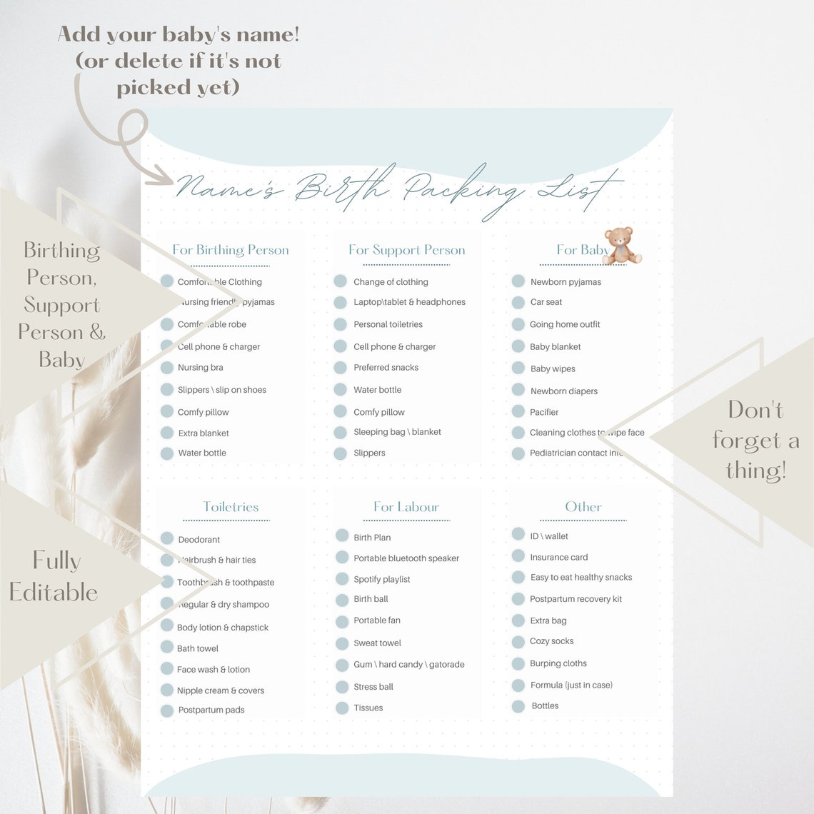 Birth Packing List Printable Digital Hospital Bag Checklist Fillable ...