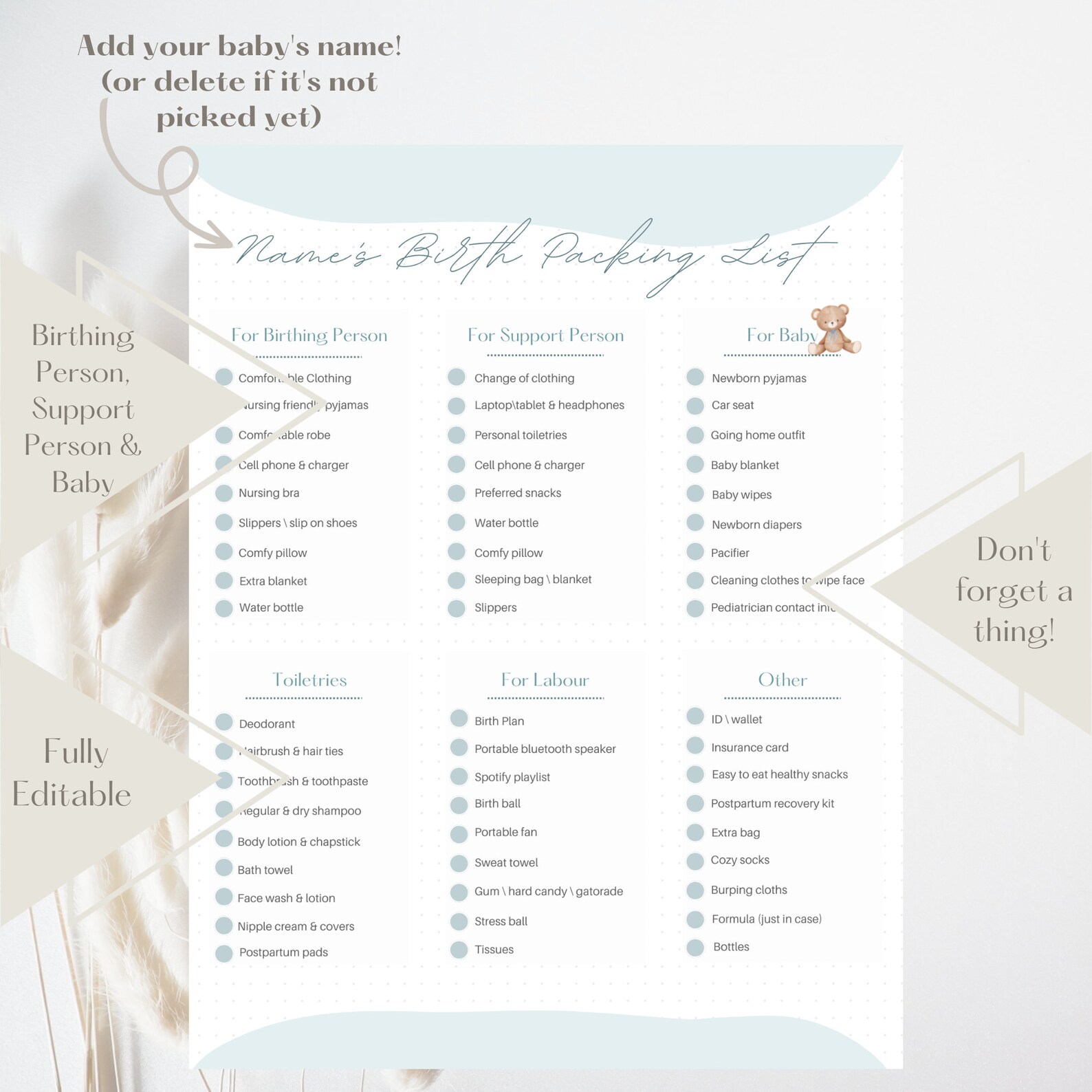 Birth Packing List Printable Digital Hospital Bag Checklist Fillable ...