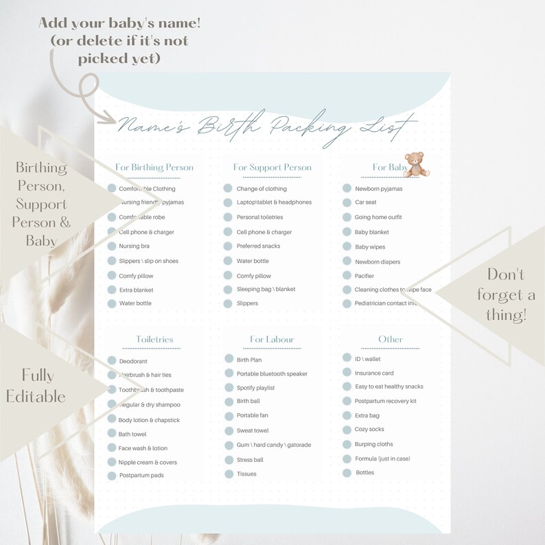 Birth Packing List Printable Digital Hospital Bag Checklist Fillable ...