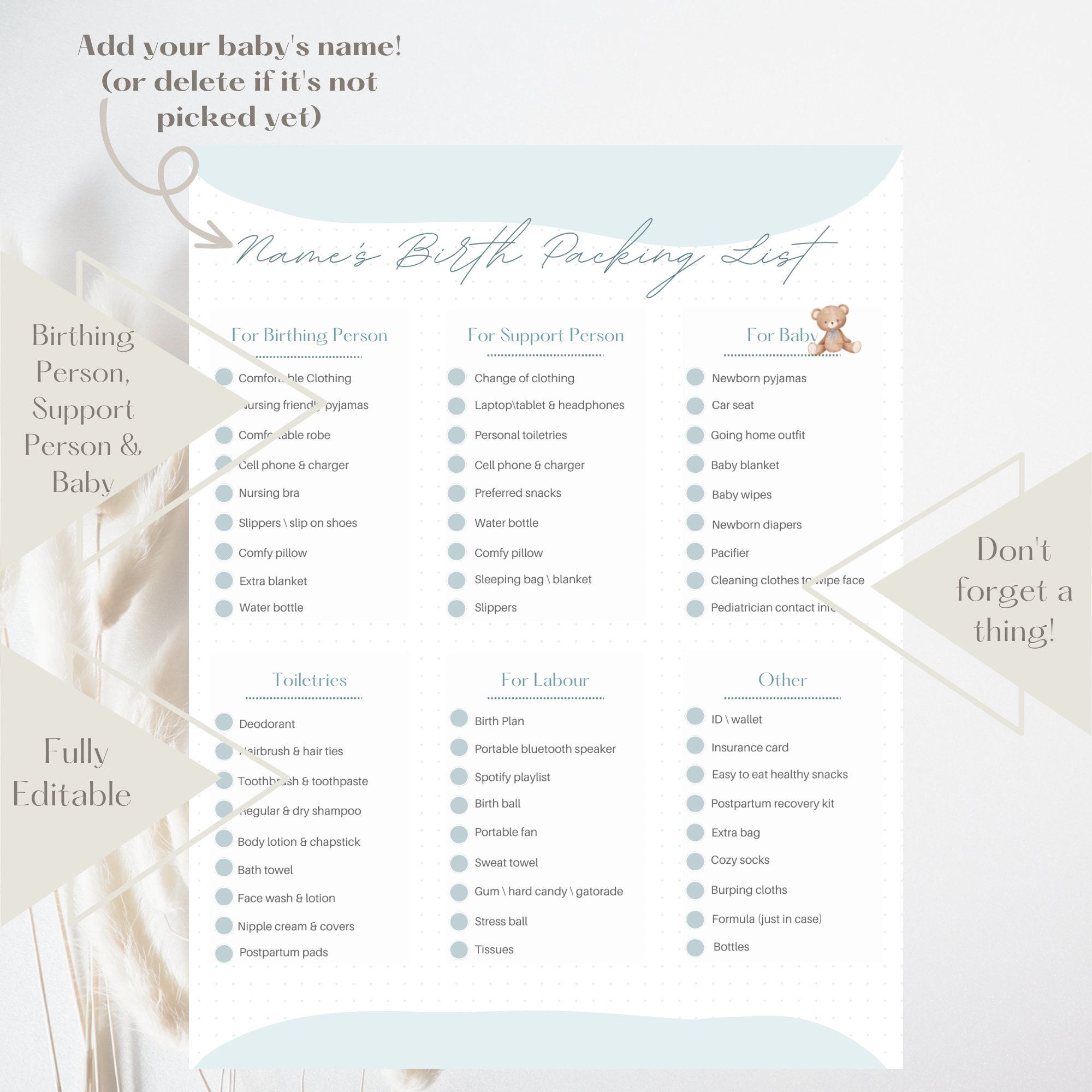 Birth Packing List Printable Digital Hospital Bag Checklist Fillable ...